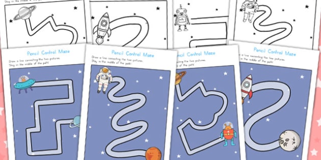 Space Themed Pencil Control Maze Worksheets - Worksheet, Motor