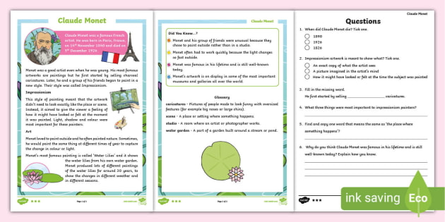 KS1 Claude Monet Reading Comprehension