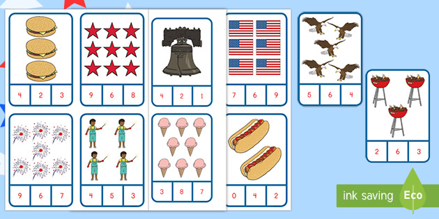 Independence Day Number Recognition Clip Cards