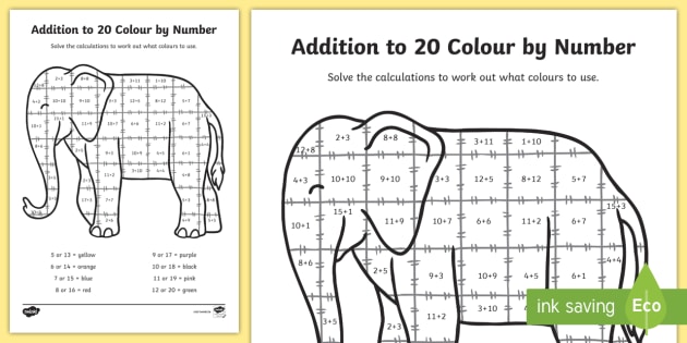 Colour by numbers addition to 20 | worksheet | easy to print