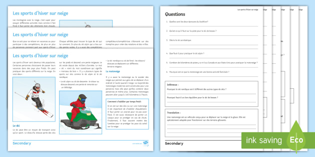 Winter Sports Differentiated Reading Comprehension Activity French
