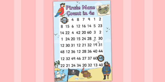 Pirate Themed Counting in 4s Maze Worksheet