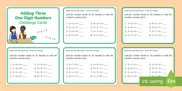 Add Three One-Digit Numbers (Choose Your Strategy) Maths Challenge Cards