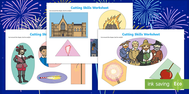 Bonfire Night Themed Cutting Skills Worksheet - fine motor skills