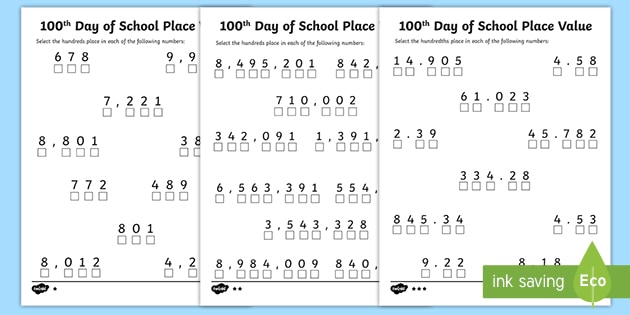 100th Day of School Place Value Differentiated Worksheet / Worksheets