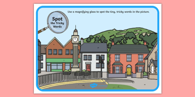 Phase 2 Tricky Words Town Scene Magnifying Glass Worksheet / Worksheet