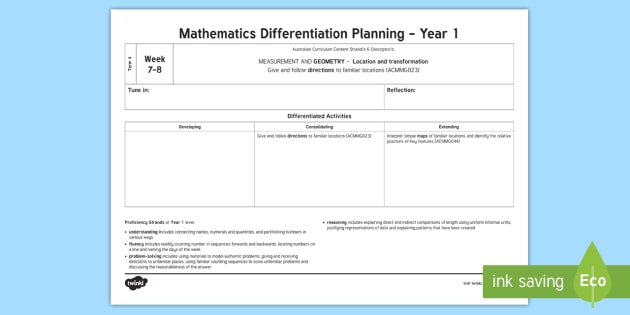 Year 1 Location Mathematics Differentiated Plan