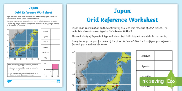 Japan Grid Reference Worksheet (teacher made)