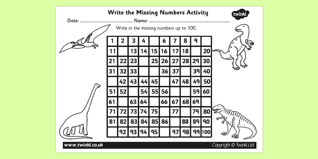 Dinosaur Themed Missing Numbers Number Square 1-100