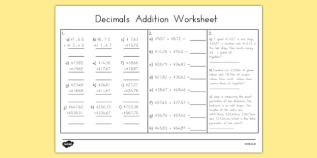 Decimals Addition Worksheet (teacher made)