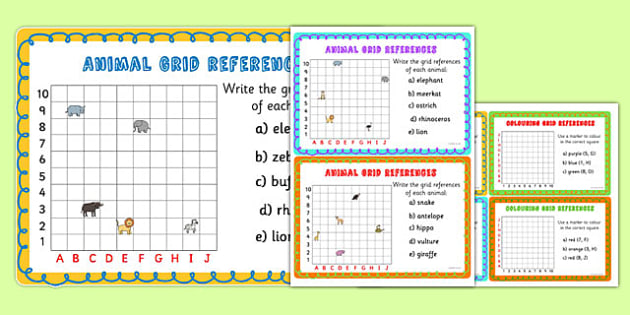 Animal Grid References Maths Challenge Cards - animals, coordinates