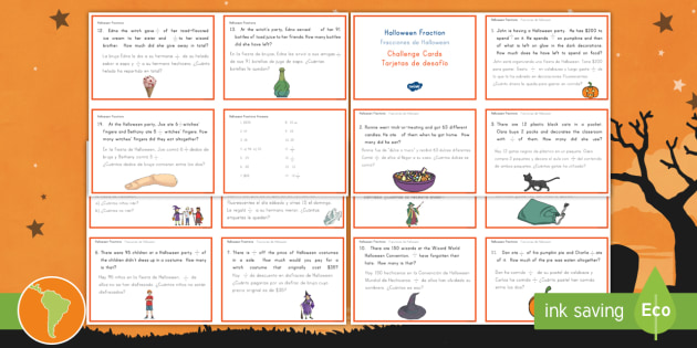 Halloween Fractions Maths Challenge Cards English/Spanish