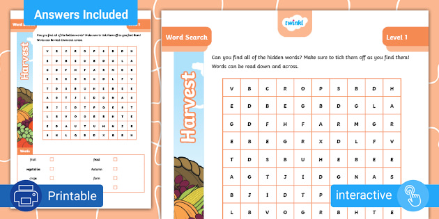 Harvest Word Search - Level 1 - Twinkl - Kids Puzzles