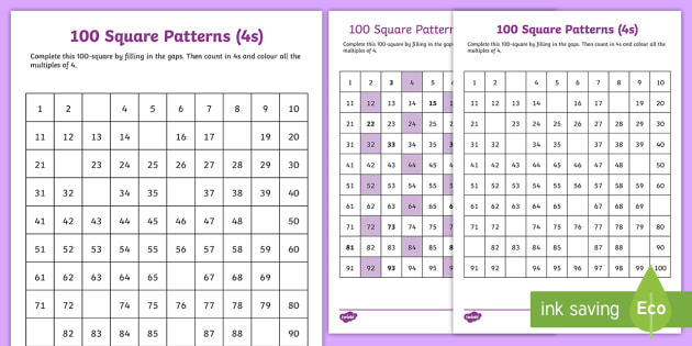 Algebra - 100 Square Patterns (4s) Worksheet