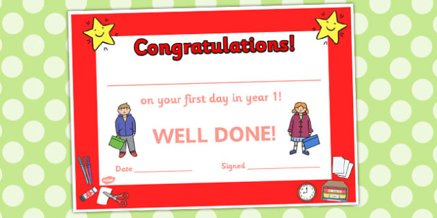 First Day Award Certificates Year 1