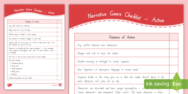 Narrative Genres Writing Checklist - Action