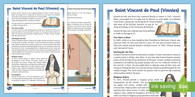 Saint Vincent de Paul Fact File (Teacher-Made)