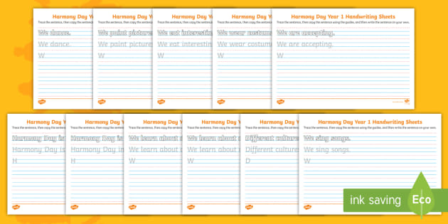Harmony Day Year 1 Handwriting Worksheet - English