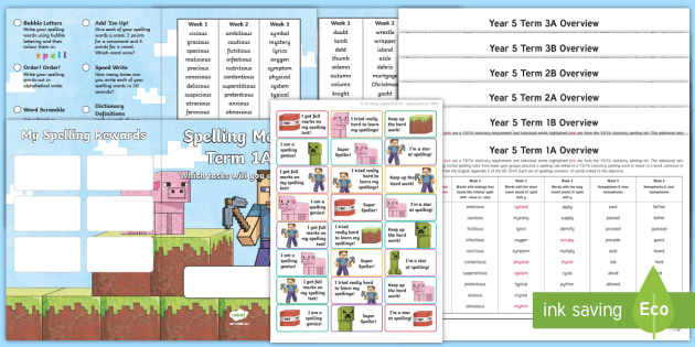 Year 5 Block Adventurer Themed Spelling Menu Pack