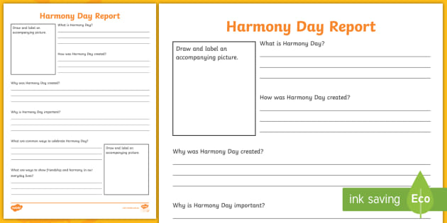 Harmony Day Report Writing Worksheet