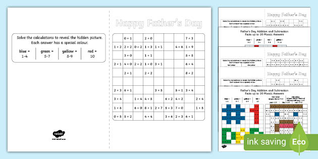 Father's Day Addition and Subtraction Facts to 10 Maths Mosaic Cards