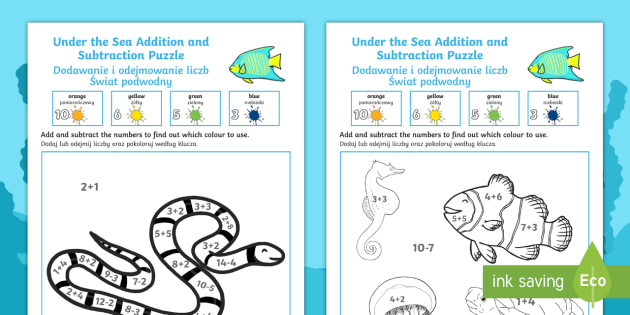 Under the Sea Theme Addition and Subtraction Puzzle 0-10 English/Polish