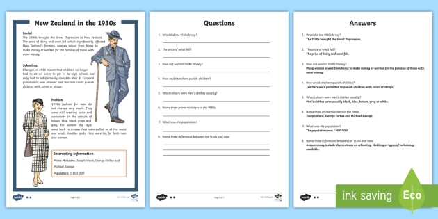 New Zealand in the 30s Differentiated Reading Comprehension Activity