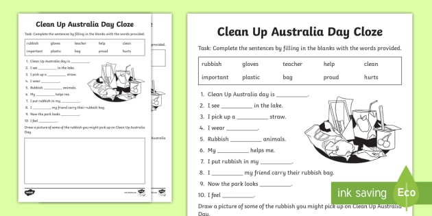 FREE Clean Up Australia Day Worksheet F 2 Cloze Activity