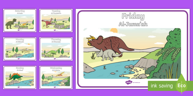 Dinosaur Themed Days of the Week Posters English/Arabic Phonics