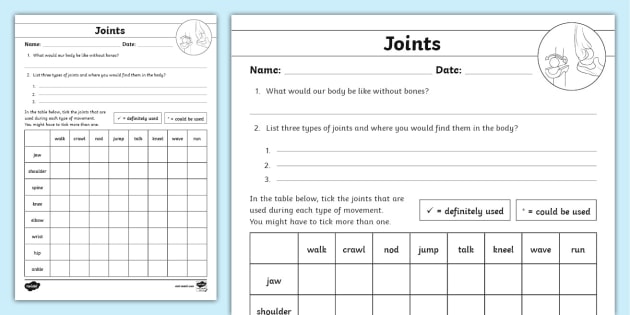 Joints And Their Movements Worksheet Science Worksheet