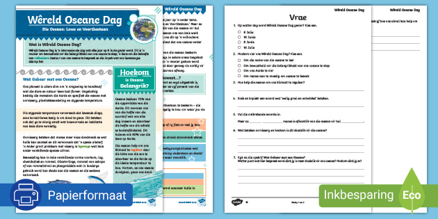 Wêreld Oseane Dag Begripslees Aktiwiteit