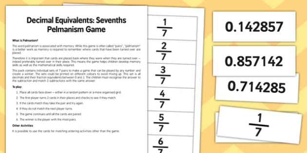 Year 6 Decimal Equivalents and Sevenths Pelmanism Game