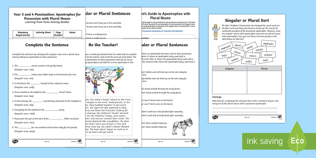 Year 3 and 4: Apostrophes for Possession with Plural Nouns Activity Booklet