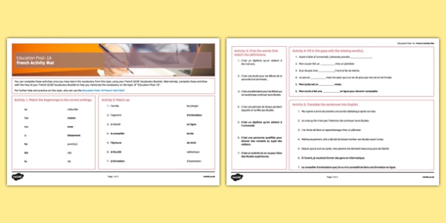 Education Post 16 French Activity Mat
