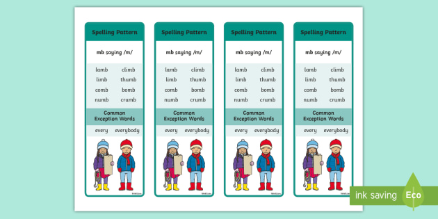 'mb' saying /m/ Spelling Bookmarks (teacher made)