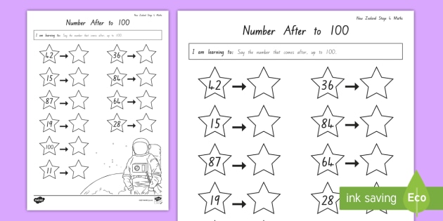 Stage 4 Maths Number After to 100 on Stars Worksheet
