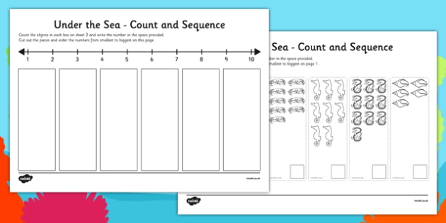 Under the Sea Themed 1-10 Count and Sequence Cut and Stick Activity