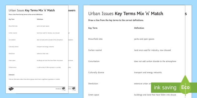 Urban Issues Mix and Match 1 Worksheet / Worksheet