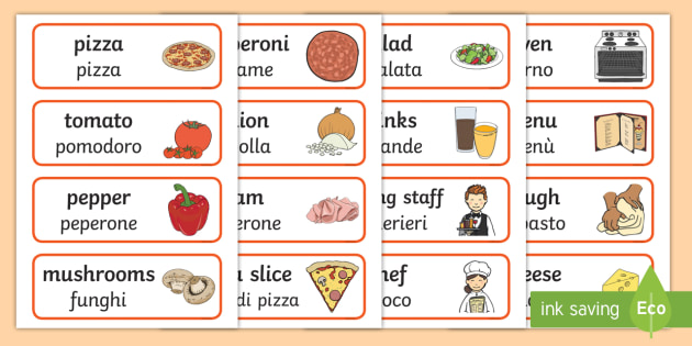 Pizza Parlour Role Play Word Cards English/Italian