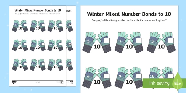 Winter Themed Mixed Number Bonds to 10 Worksheet / Worksheet