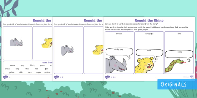 FREE! - Ronald the Rhino Character Description Worksheet / Activity Sheets