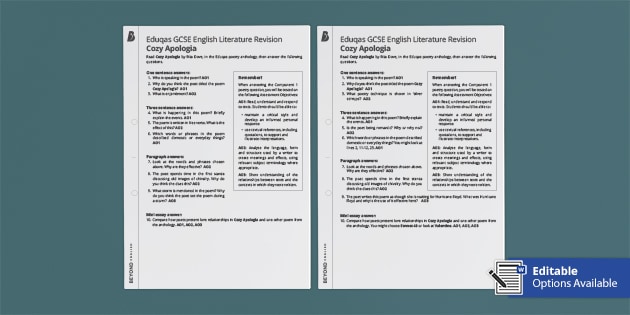 Cozy Apologia Analysis Revision | Eduqas Poetry GCSE