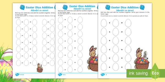 Differentiated Easter Dice Addition Worksheet English/Romanian