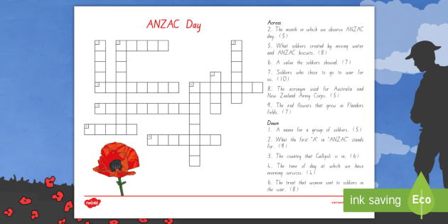 Anzac Crossword | Anzac Day | New Zealand | Years 4 to 6