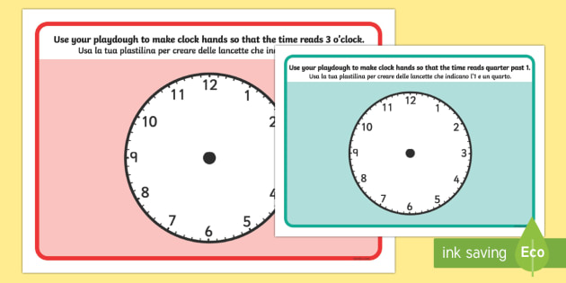 O'Clock Half Past and Quarter Past Time Play Dough Mat English/Italian