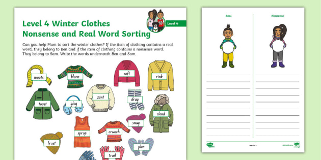 Level 4 Winter Clothes Nonsense and Real Word Sorting