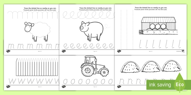 On the Farm Pencil Control Worksheet / Worksheets Romanian/English