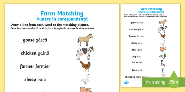 Farm Word and Picture Matching Worksheet - English/Romanian - Farm Word and
