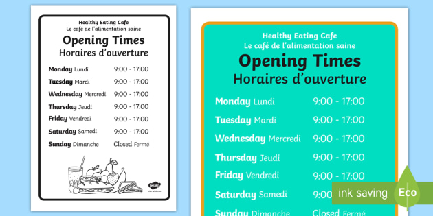 Healthy Eating Cafe Role Play Opening Times English/French - Healthy Eating