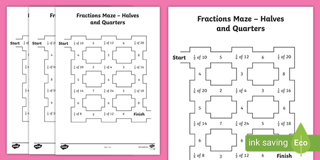 Halves and Quarters Fractions Maze Worksheet (teacher made)